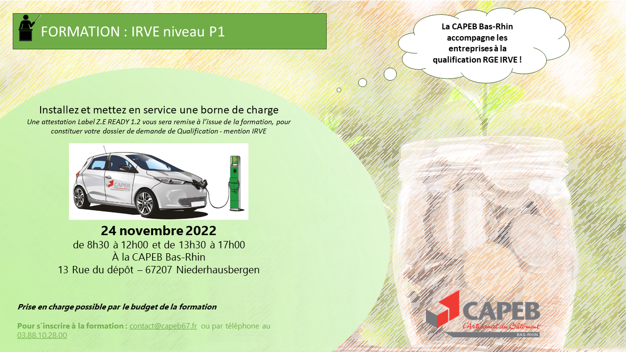 FORMATION : IRVE niveau P1 le 24 novembre 2022 ・ CAPEB